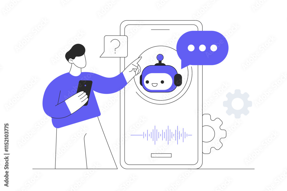 Chat bot virtual AI assistant. Online customer support. Talking with robot. Asking questions and ...