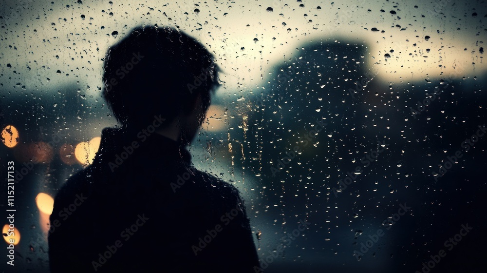 Figure standing at the window, raindrops flowing down the glass ...