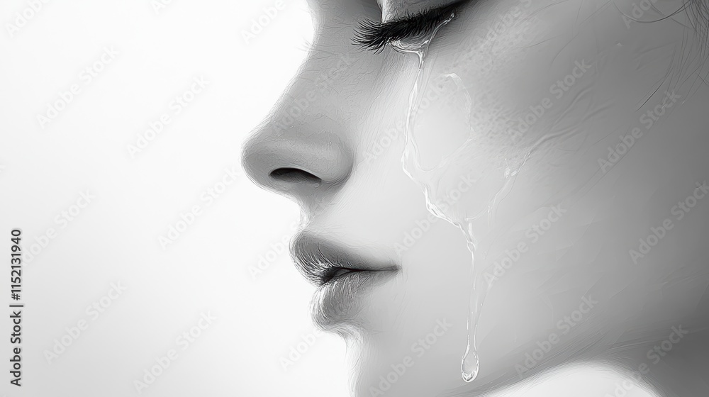 drawing. A single tear rolling down a delicate Face cheek, capturing the raw emotion of sorrow ...
