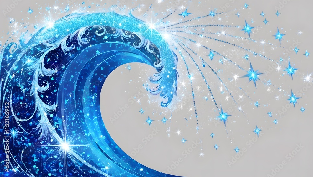 Blue glitter wave abstract illustration. Blue stars dust trail sparkling particles isolated on ...