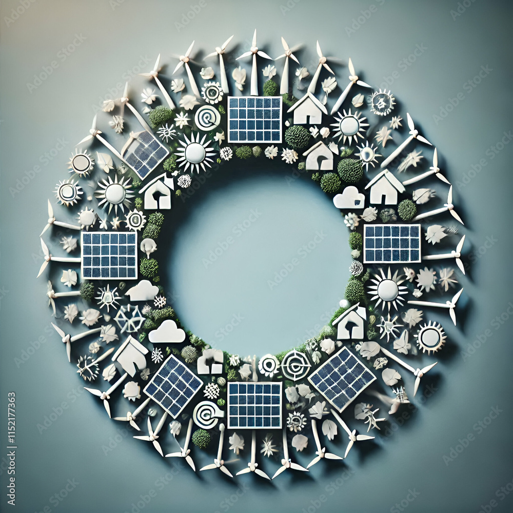 Circular solar and wind icons forming a border concept as A circular ...