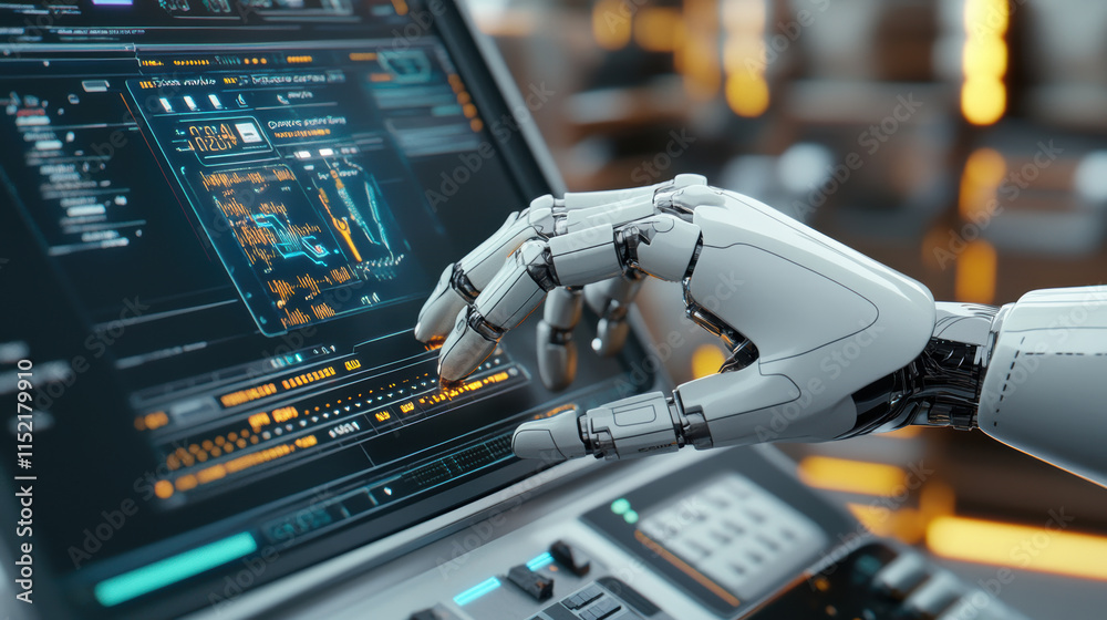 robotic hand interacts with futuristic holographic interface on high tech computer, showcasing ...