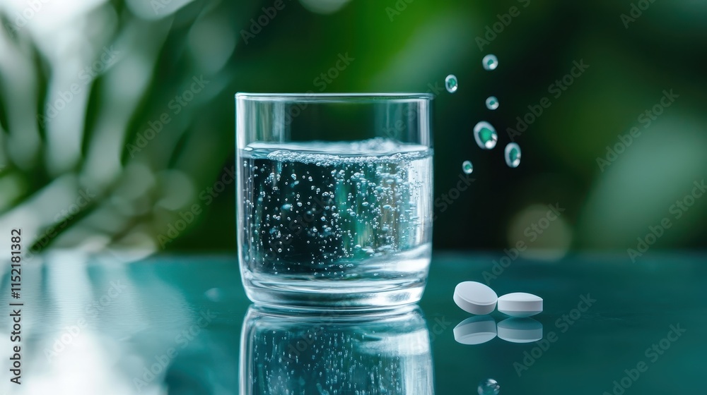 A glass of clear effervescent water with bubbles and two dissolving ...