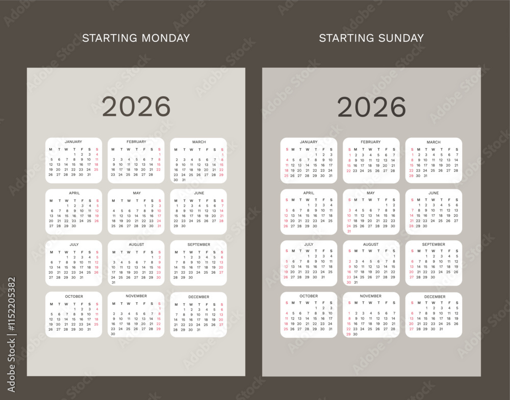 Simple calendar for 2026 in two versions - week starts on Sunday and ...