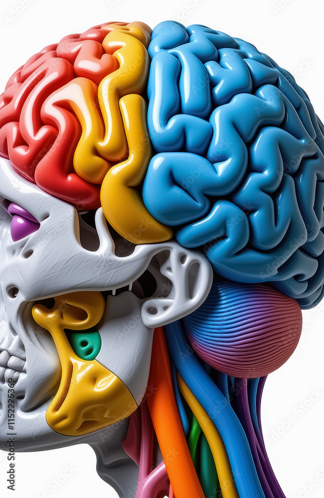 Vivid anatomical cross-section of human brain with colorful lobes ...