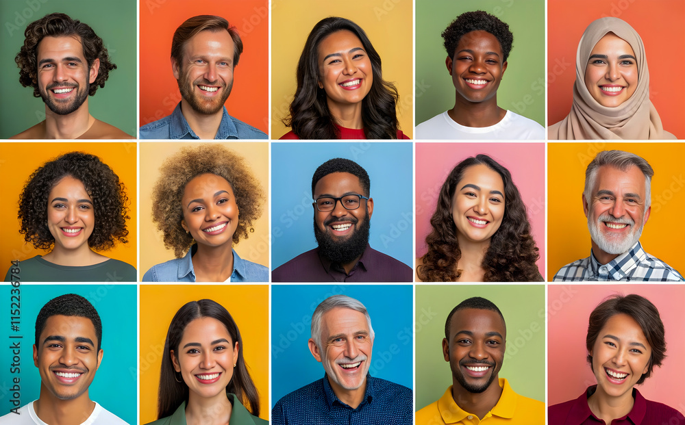 Composite portrait image of 15 smiling people of different races, with ...