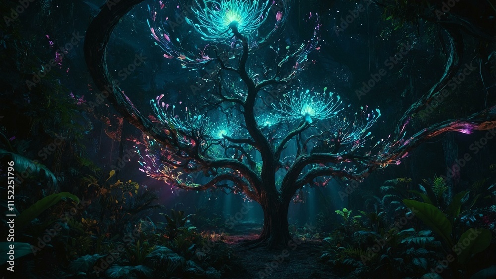 Bioluminescent rainforest at twilight with a glowing ancient tree and ...