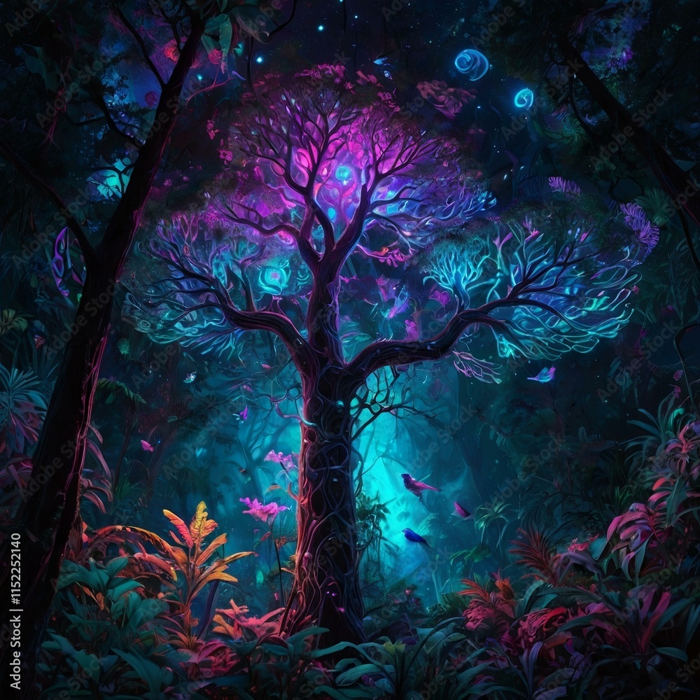 Bioluminescent rainforest at twilight with a glowing ancient tree and ...