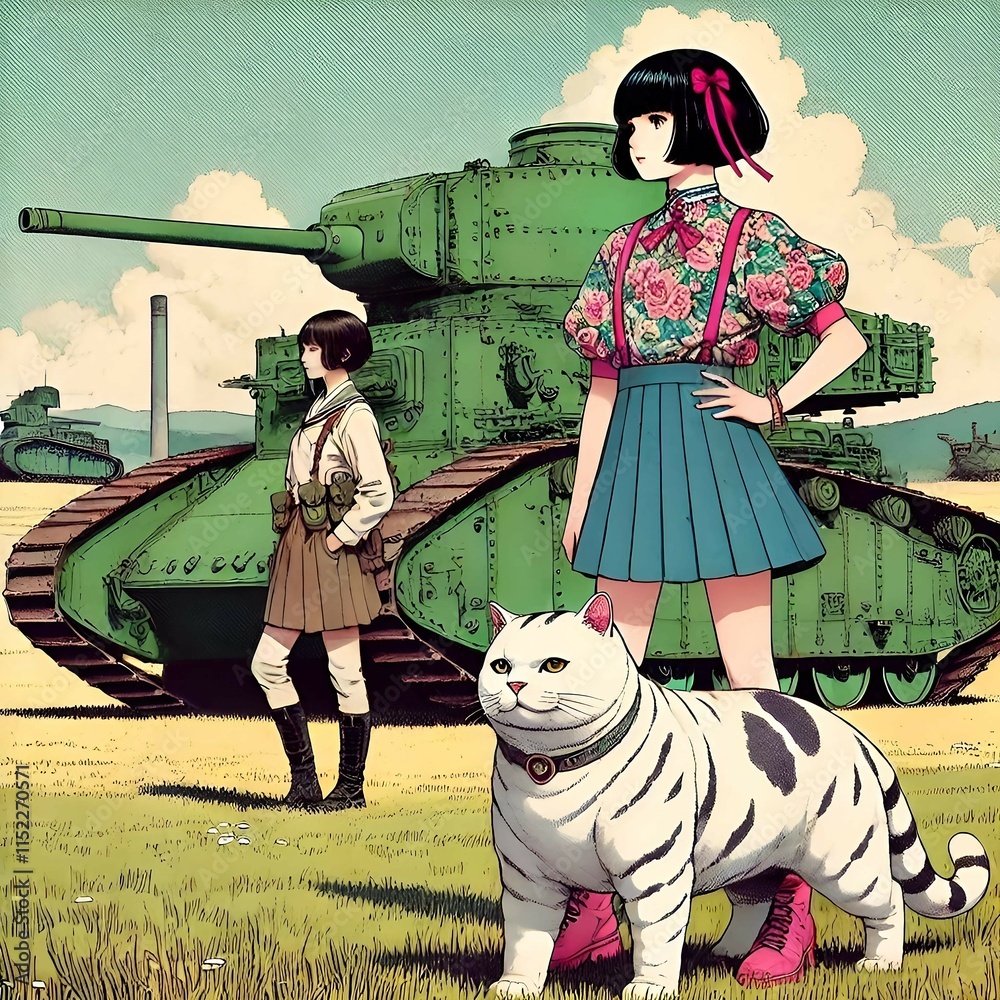 Surreal manga illustration of two girl and her white animal companion ...