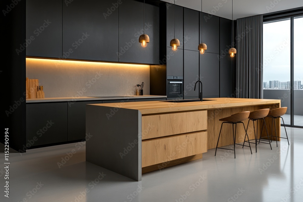 Minimalist Kitchen Island with Wooden Drawers and Shelves in Modern ...