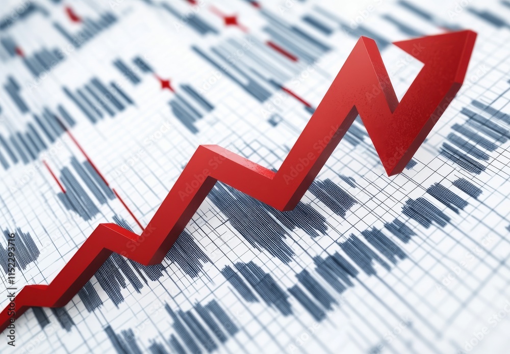 Stock market crash, a red arrow pointing down on a chart background ...