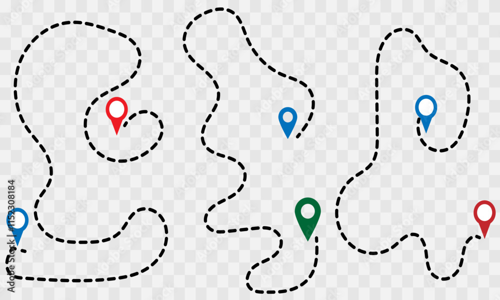 Route icon between two points with dotted path and location pin. Location pointer continuous one ...