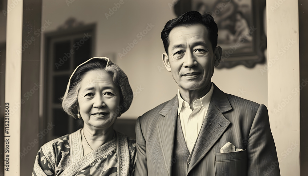 old photograph of a traditional family in good condition, black and ...