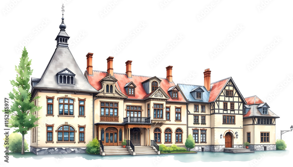 watercolor drawing vintage buildings, mansion, old houses isolated at ...