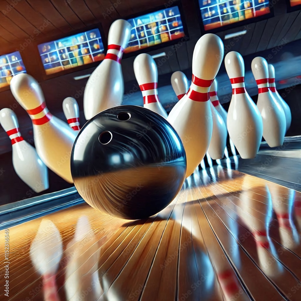 bowling ball and pins. image, motion, group, knock, indoor, impact ...