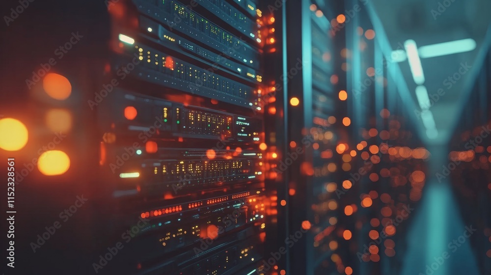 A server rack filled with network switches and storage devices, cooled ...