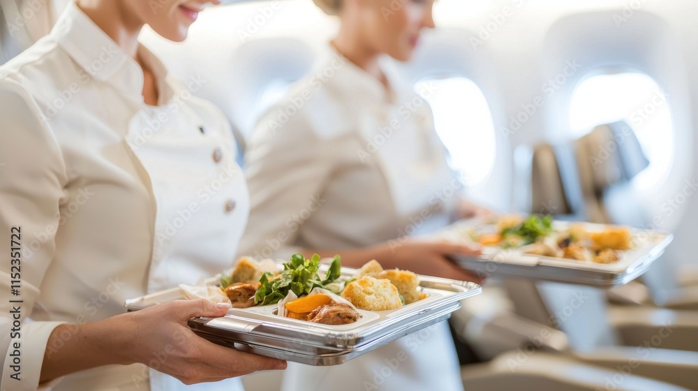 Cabin crew serving meal trays with precision during in-flight dining ...