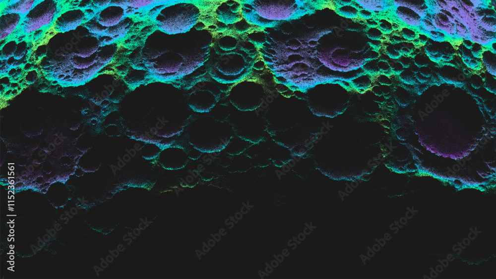 Colorful neon moon relief in stippling style with many impact craters ...