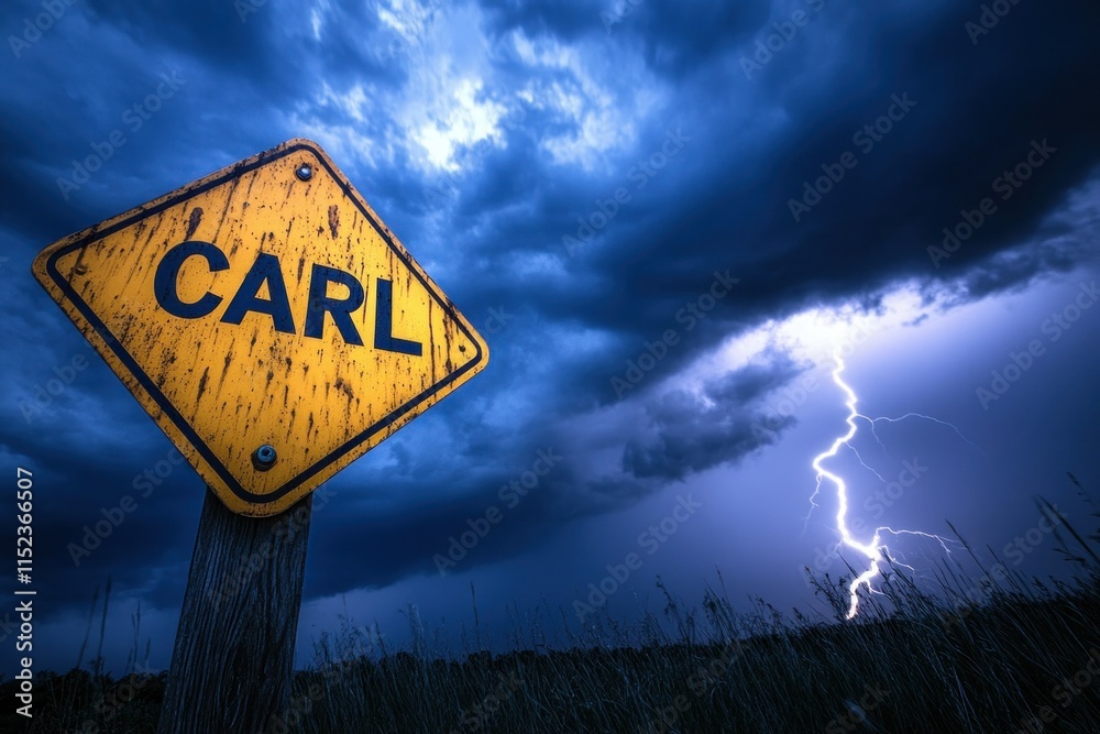 Dramatic Thunderstorm Over Field with Warning Sign Featuring the Name ...