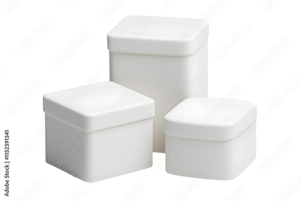 Square white storage boxes in three sizes on a transparent background ...