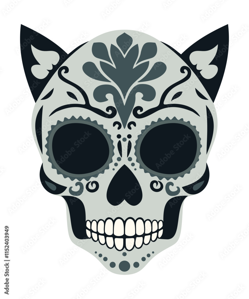 Catrina head. Woman sugar skull with cat ears. Mexican Day of the Dead ...