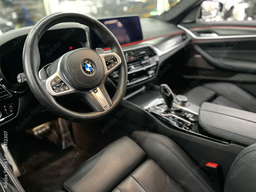 BMW X5, G30, luxury car interior, steering wheel, dashboard. Vehicle ...