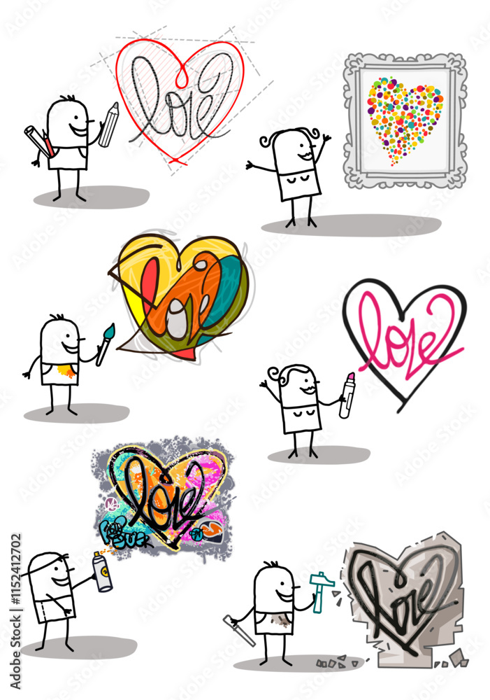 Set of 6 illustrations - Hand drawn cartoon stick characters - men and ...