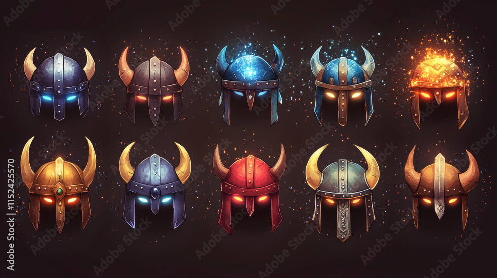 Ilustración de Stock Viking helmets game props icons, medieval war hats with horns, scandinavian ...