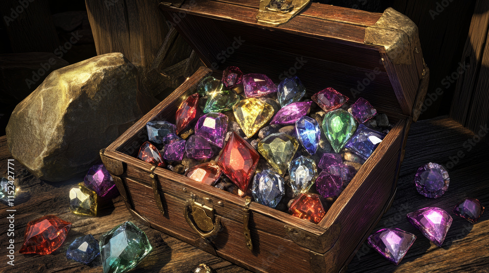 Treasure chest and bag with gem stones game icons. Wooden trunk or sack ...