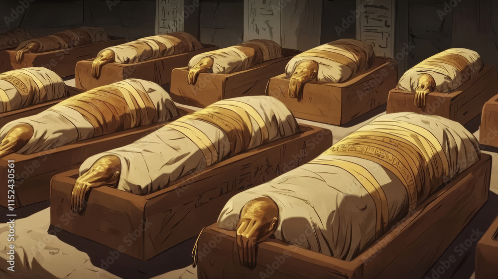 Cartoon set of mummification process steps isolated on white background ...