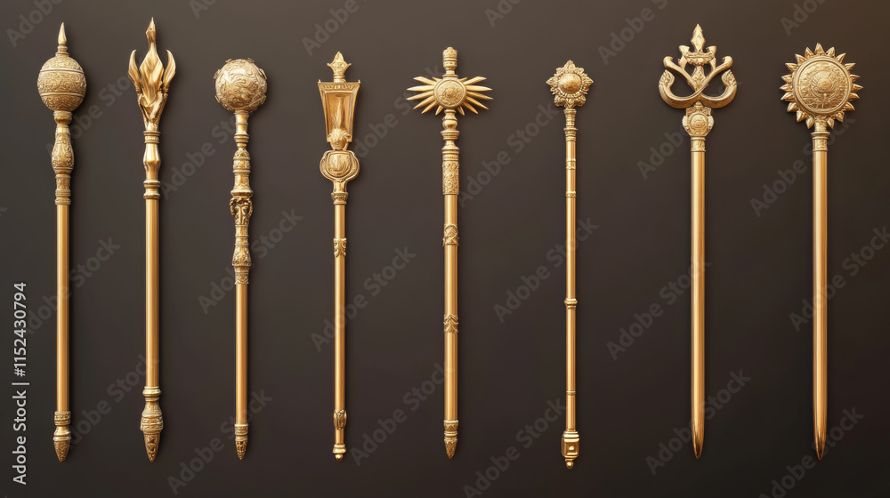 Gold royal scepters, king and queen wands. Vector realistic set of ...