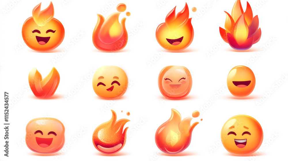 3d render hot fire burn icon emoticon illustration. Png simple shape ...