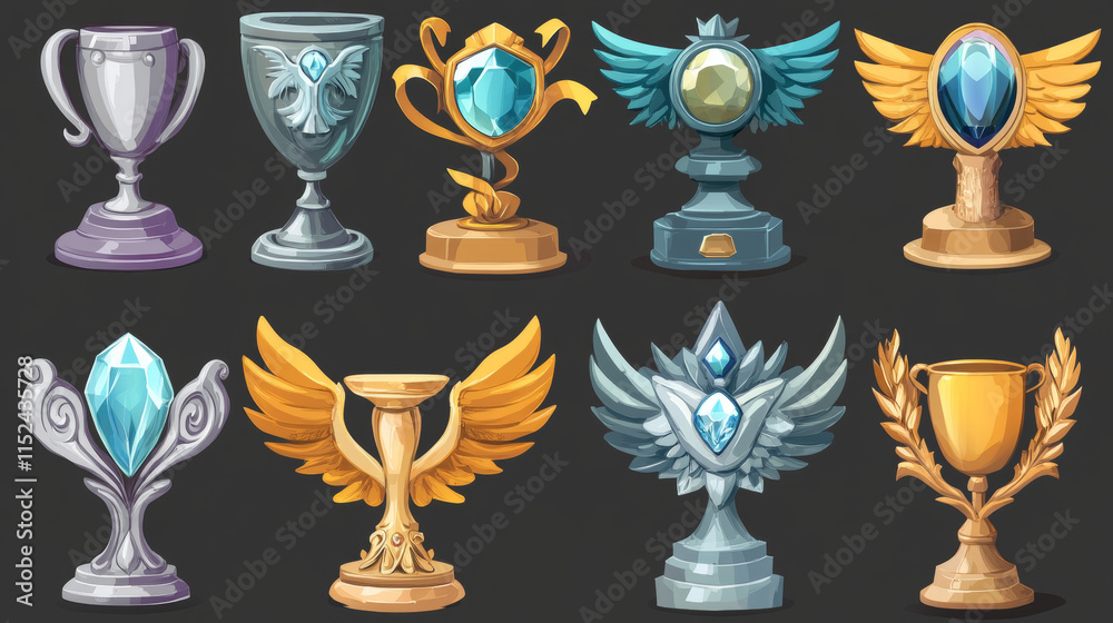 Award goblet and trophy cup for game level rank ui design. Cartoon ...