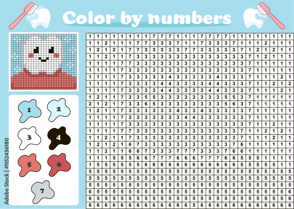 Vector de Stock Color by number pixel art game for kids with cute tooth ...