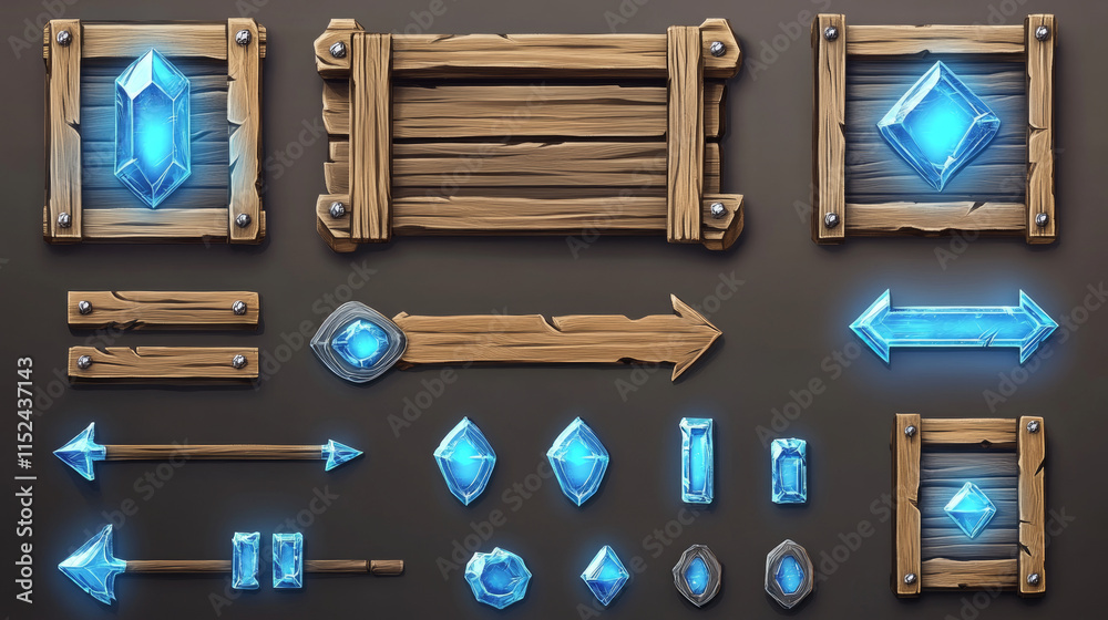 Wooden game ui elements with glowing blue crystal inlays. Cartoon ...