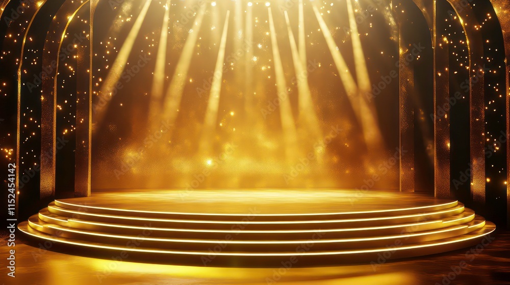 golden stage with spotlight beams on vibrant background award ceremony ...