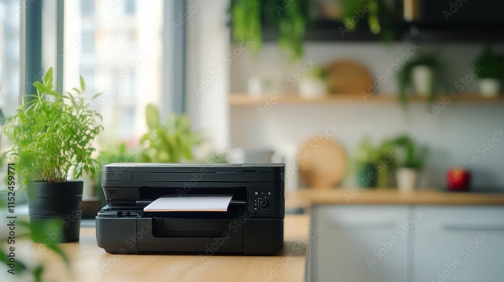 Amidst the clutter on a counter, a sleek and compact thermal printer ...