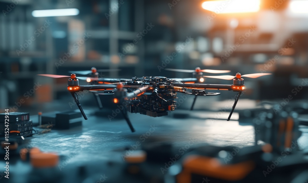 Engineering prototype of a drone with exposed circuits and rotors ...