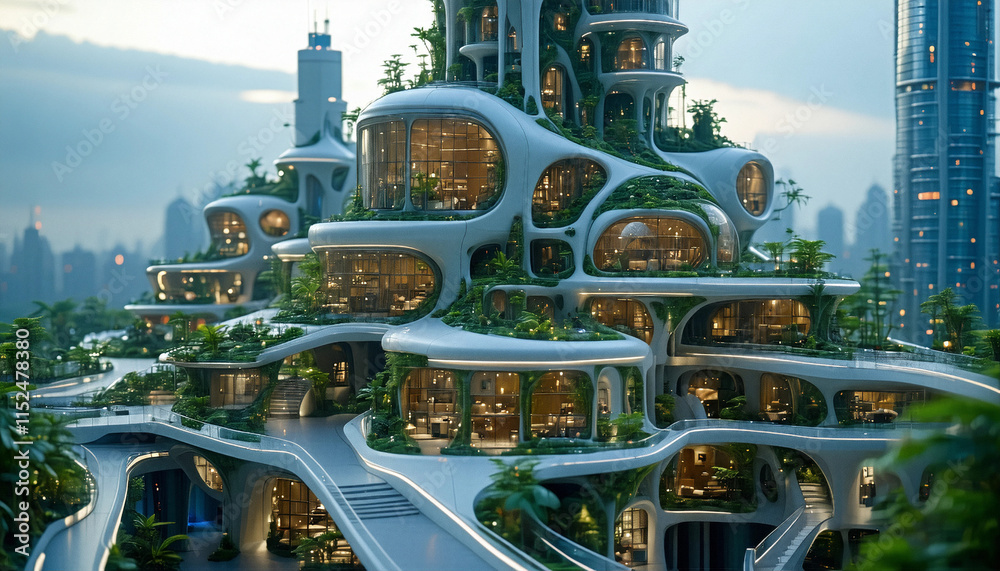 Imagine a futuristic city where biotechnology has transformed ...