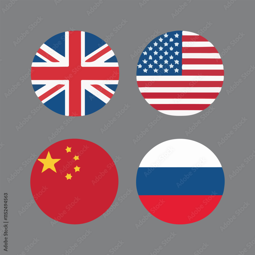 Britain America China and Russia Flags Stickers vector style with Black ...