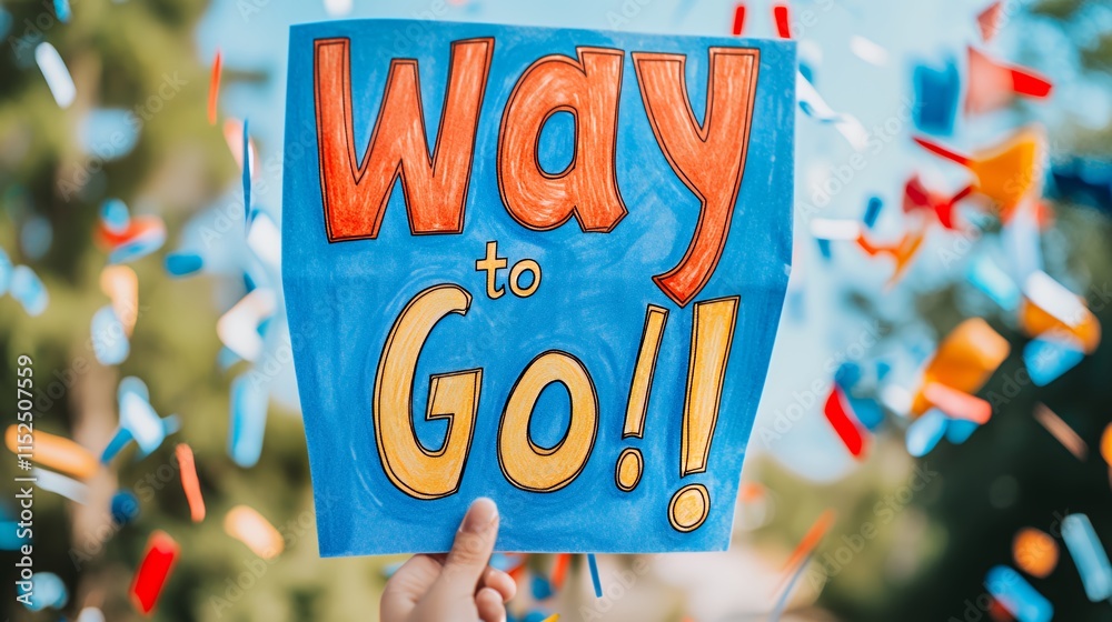 Celebration! Way to Go! Colorful confetti falls as a hand holds up a ...
