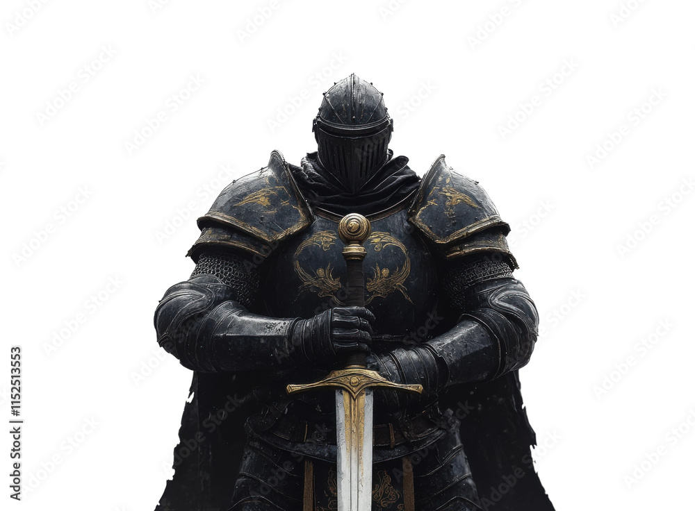 Strong warrior stands with sword raised high in a bold display of power ...