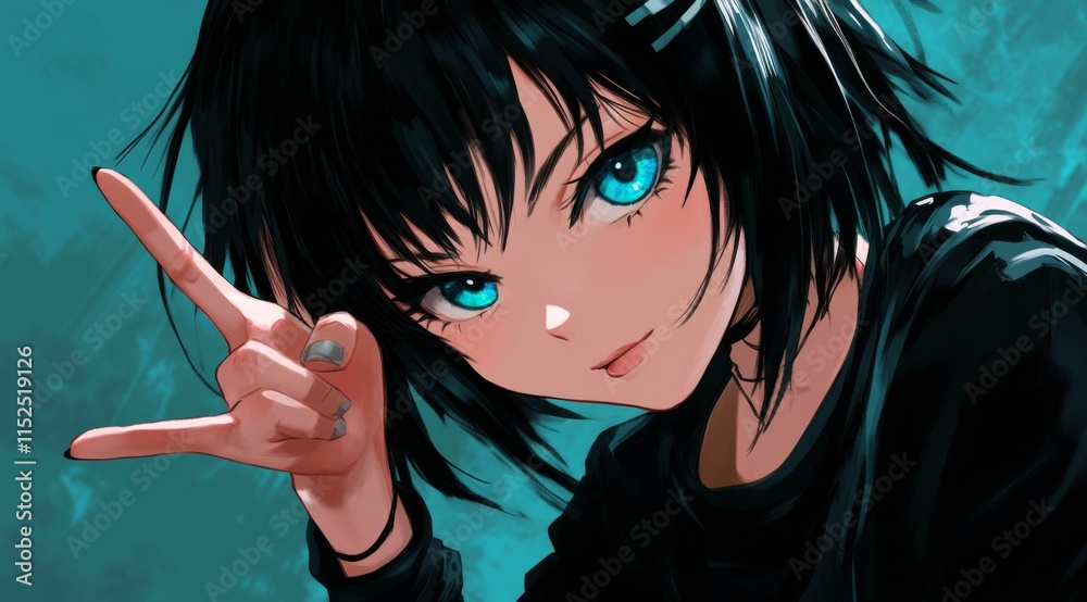 Cute anime girl with black hair and blue eyes, making hand gestures ...