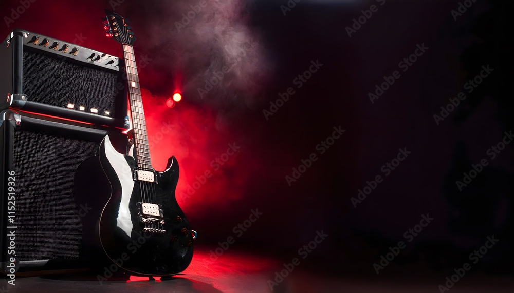 A heavy black electric guitar with sharp edges and silver studs stands ...