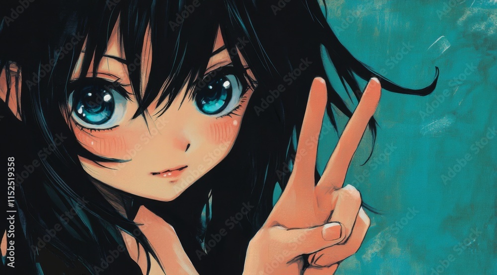 Cute anime girl with black hair and blue eyes, making hand gestures ...