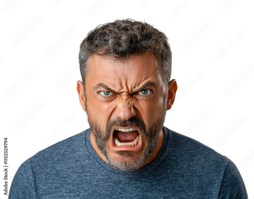 Angry man with furrowed brow and intense expression, young male ...