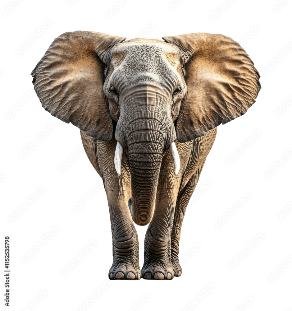 Front view of African elephant with large ears, powerful tusks ...