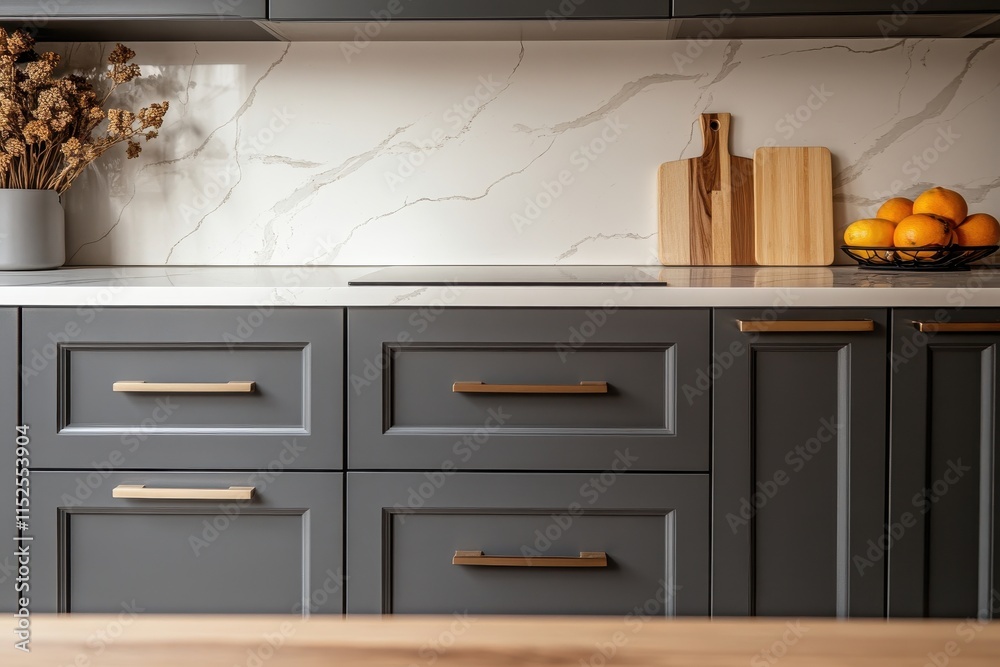 Modern kitchen countertop with gray cabinets, marble backsplash, and ...
