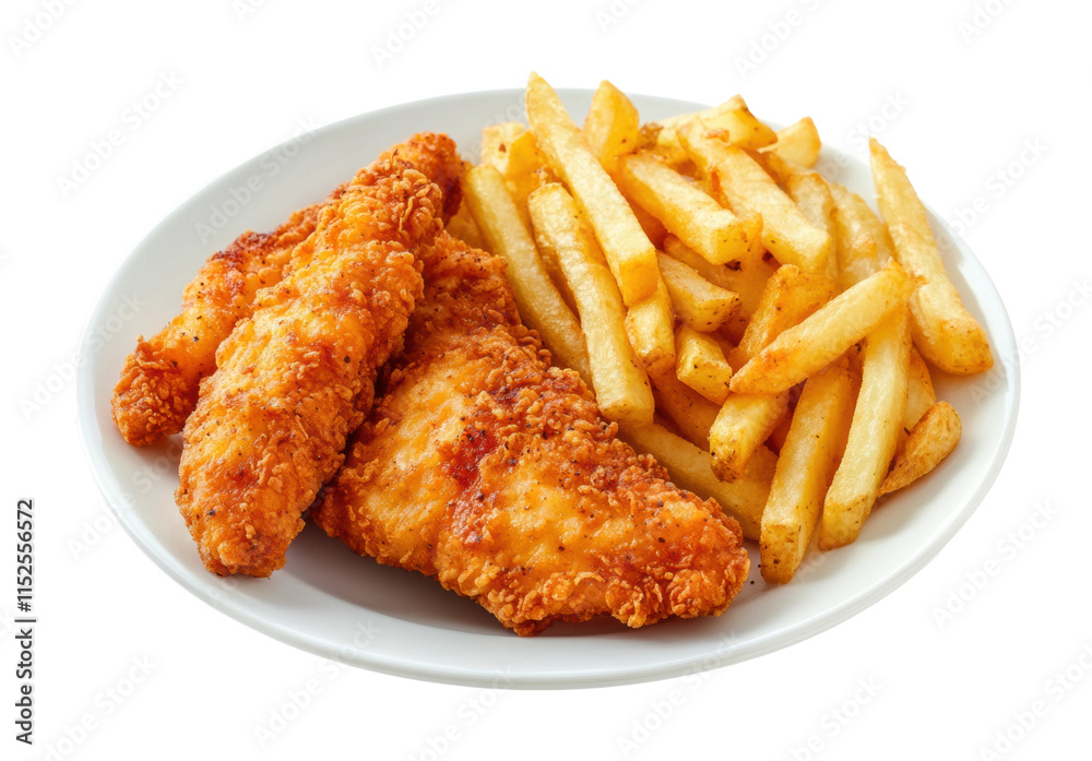 Crispy fried chicken tenders served with golden French fries, delicious ...