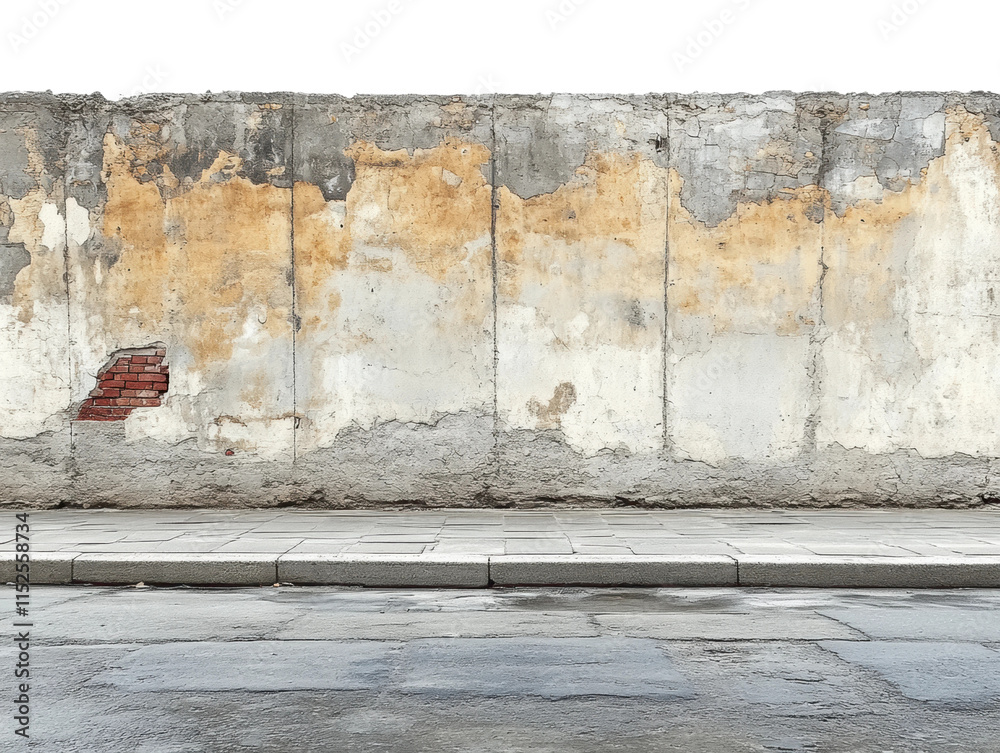 Beton wall with weathered texture and brick detail. Isolated on ...